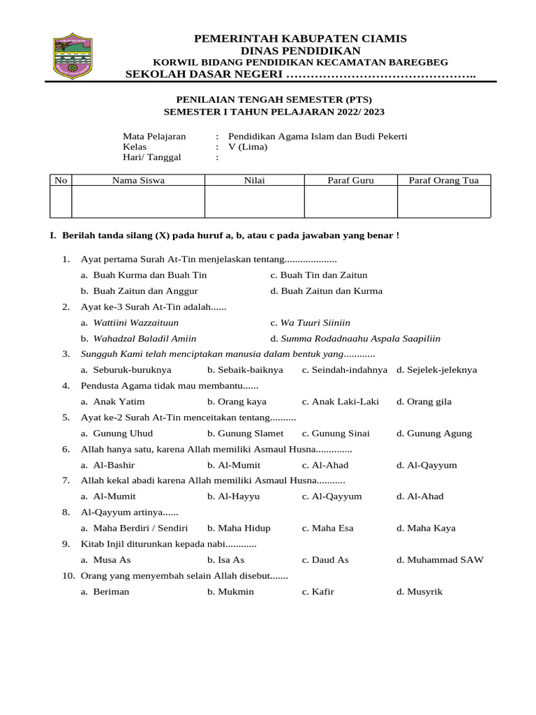 Soal PTS Kelas 5 Semester 1 Tahun Ajaran 2022-2023 | PDF