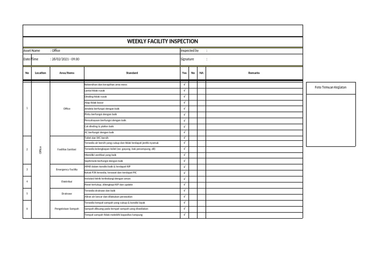 Weekly Facility Inspection Form DAS | PDF