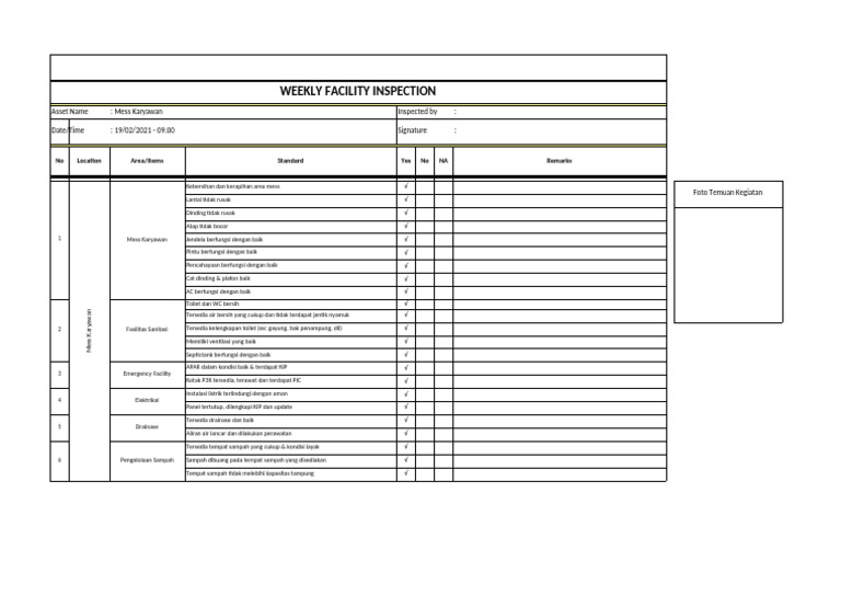 Inspeksi Fasilitas Mess Karyawan | PDF