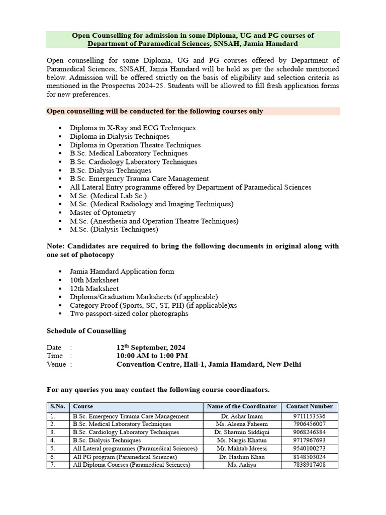 Paramedical Counselling 2024 Details | PDF | Health Care | Medicine