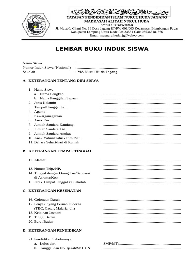 Lembar Buku Induk Siswa | PDF