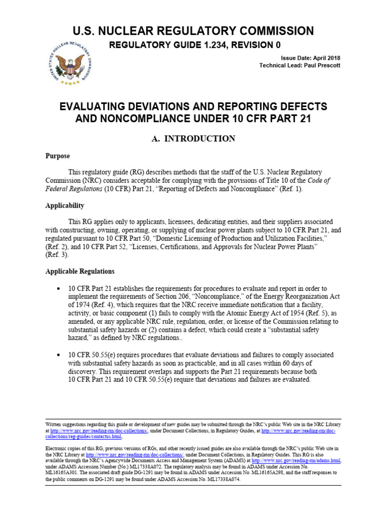 Regulatory Guide 1.234, R0-18 Evaluating Deviations and Reporting ...