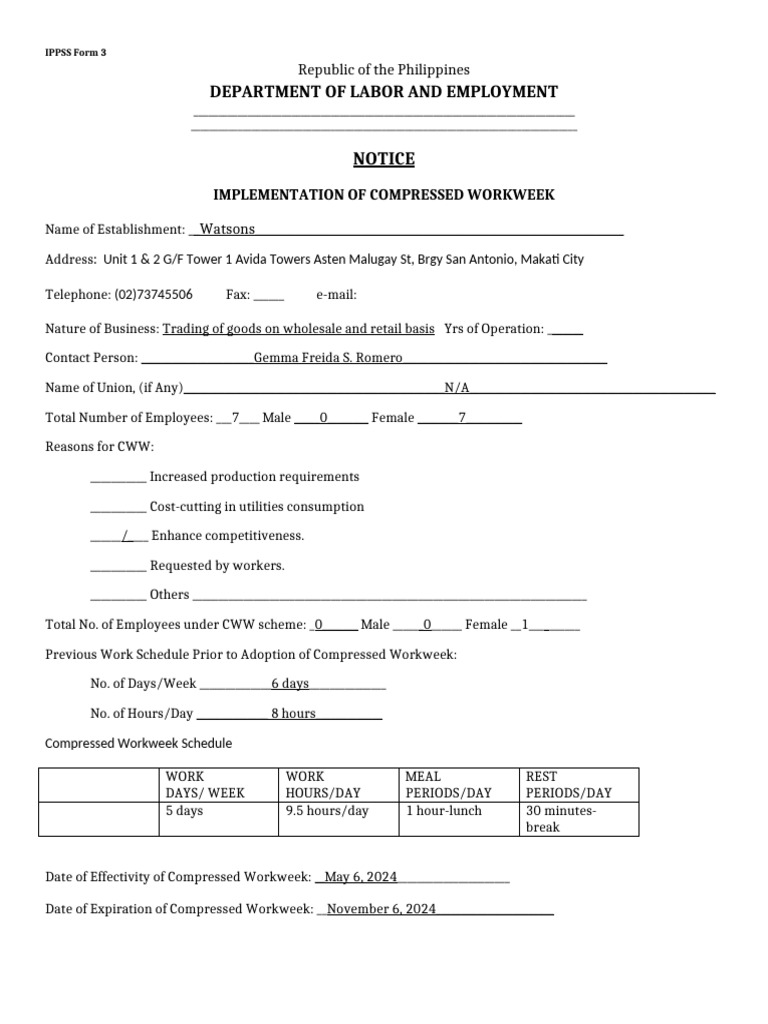 Watsons Compressed Workweek Notice | PDF | Workweek And Weekend ...