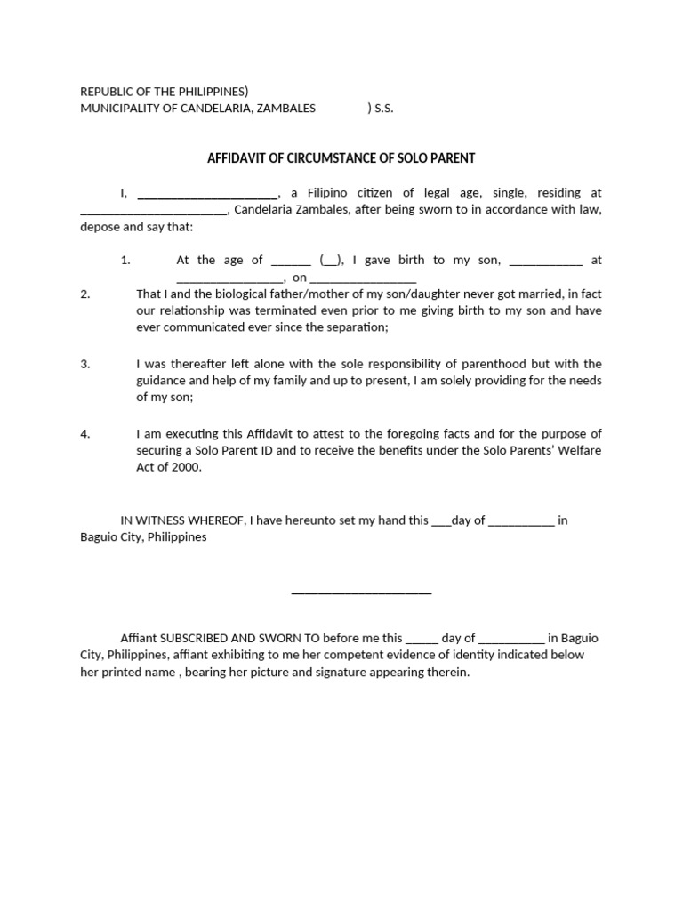 Solo Parent Affidavit Template Philippines | PDF | Social Science
