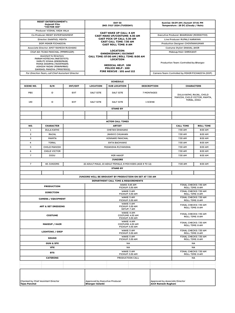 CALL SHEET 02 - 07 - 2024 - VICTOR 303 - Sheet1 | PDF