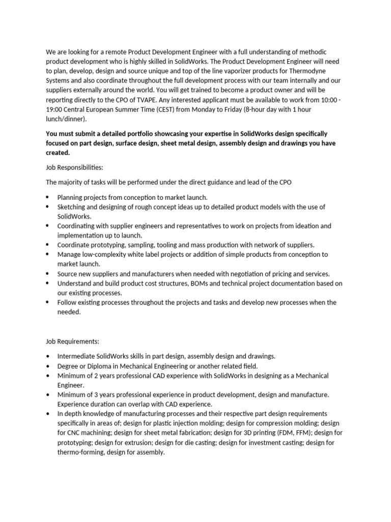Product Development Engineer Job Ad - 2024 | PDF | 3 D Printing ...