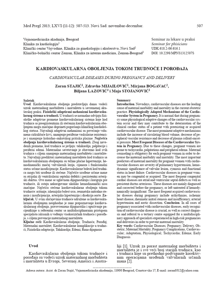 Kardiovaskularna Oboljenja Tokom Trudnoće I Porođaja: Cardiovascular Diseases During Pregnancy ...
