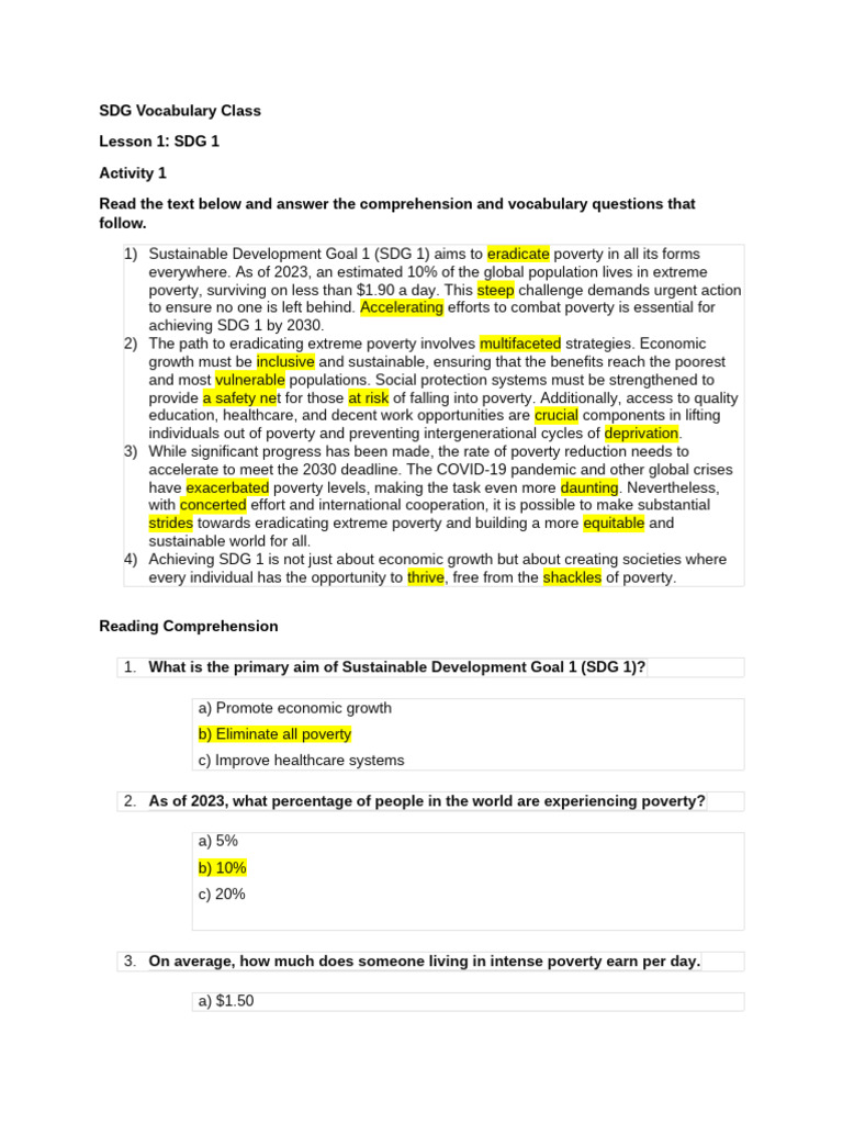 SDG Vocabulary Class - Lesson 1 | PDF | Poverty | Poverty & Homelessness