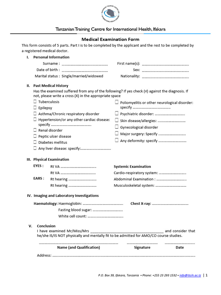 Medical Examination Form for Tanzanian Training | PDF | Health Care ...
