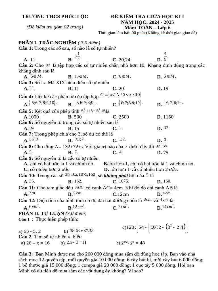 De Giua Hoc Ki 1 Toan 6 Nam 2024 2025 Truong Thcs Phuc Loc Ha Tinh | PDF