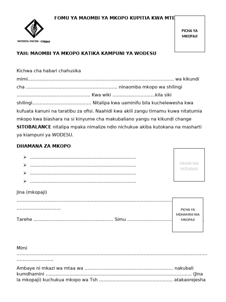 Fomu Ya Maombi Ya Mkopo - Wodesu Microcredit | PDF