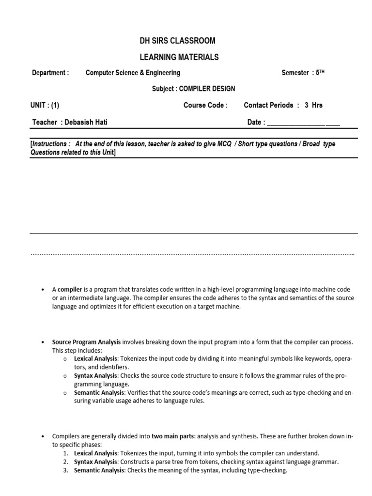 Learning Materials, CD, Unit-1 (Btech-5th Sem) | PDF | Parsing | Compiler