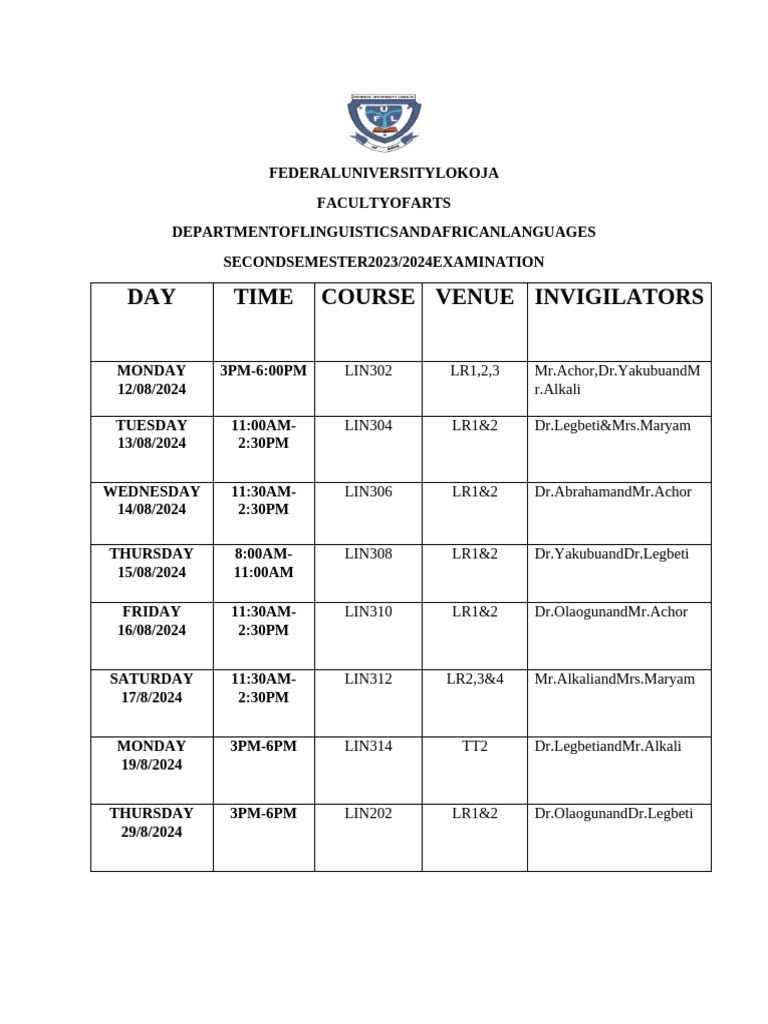 Second Semester Timetable | PDF | Science & Mathematics