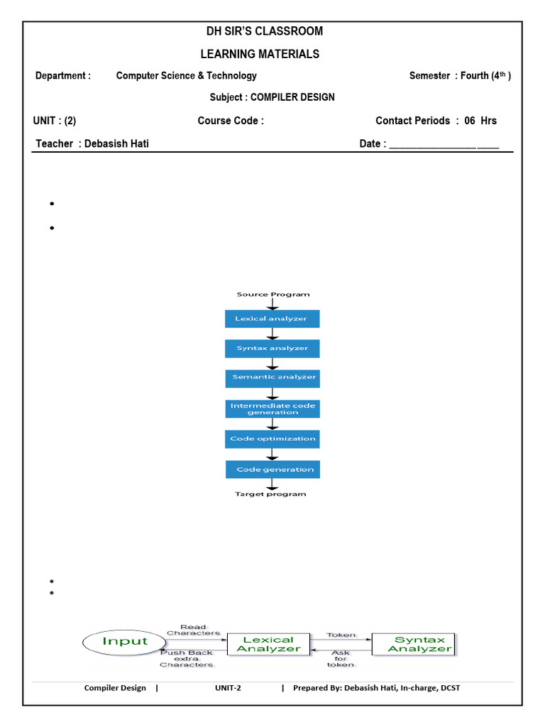 Learning Materials, CD, Unit-2 (Lexical Analysis) | PDF | Parsing | Regular Expression