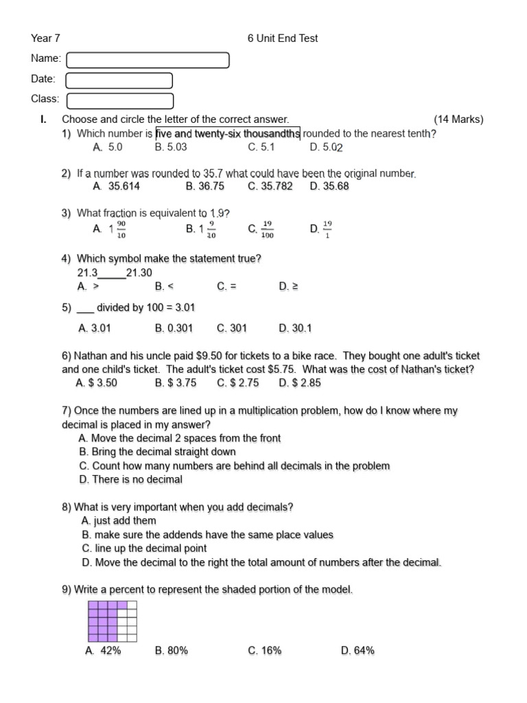 Year 7 Pearson 6 Unit End Test | PDF | Arithmetic | Mathematics