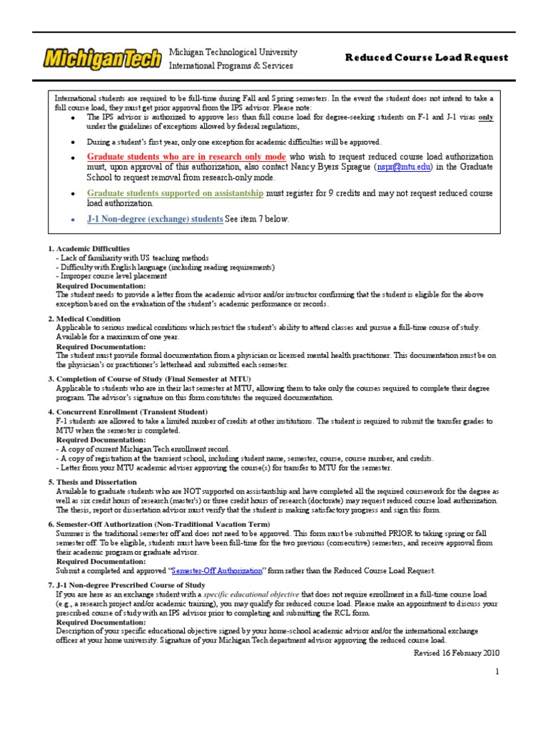 MTU Reduced Course Load Form | PDF | Graduate School | Thesis
