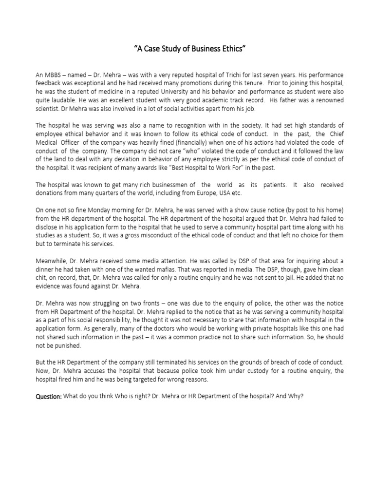 Assignment 1 (A Business Ethics Case Study) | PDF | Hospital