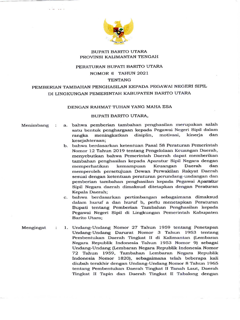 Perbup Barito Utara No.11 Tahun 2021 TTG Pemberian Tambahan Penghasilan ...