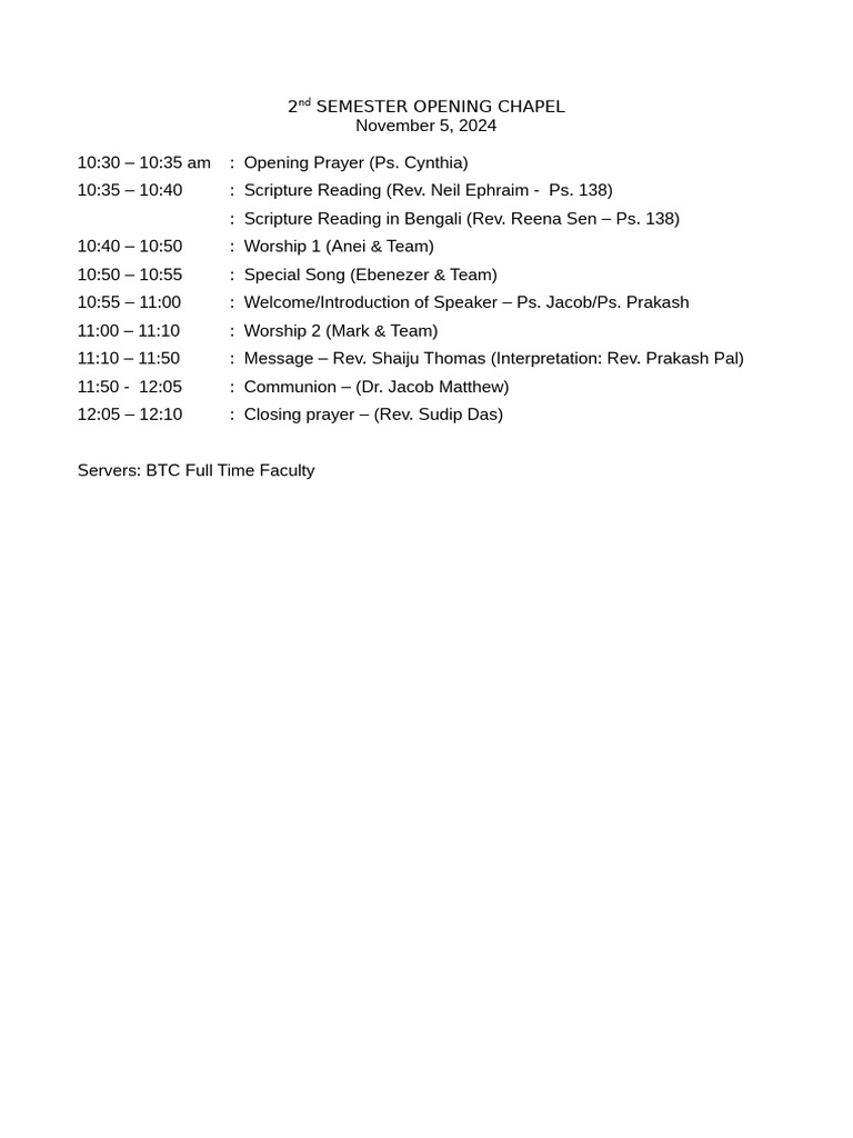 2nd Sem Opening Chapel Schedule | PDF