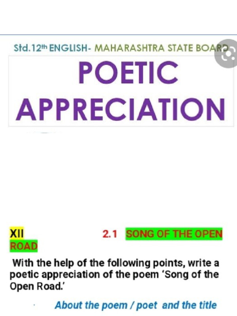 Appreciation of The Poem 2.1 Song of The Open Road | PDF