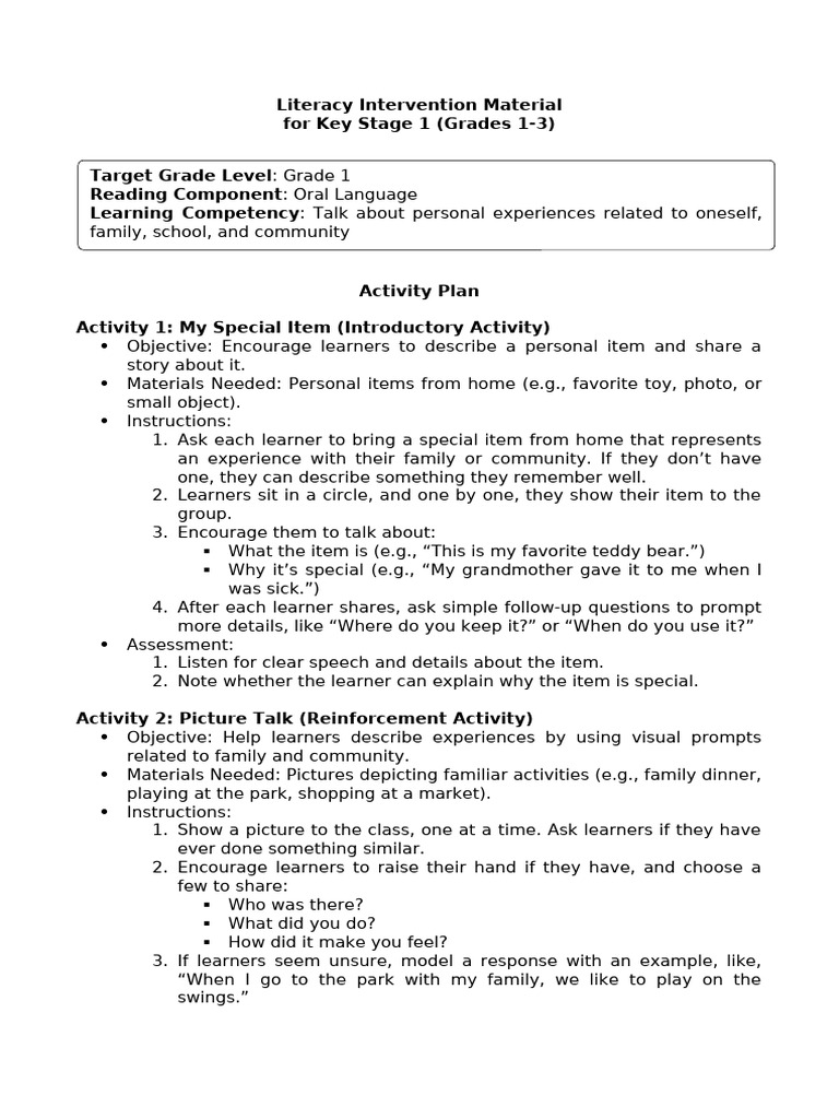 Literacy Intervention Material - Sample | PDF | Learning | Literacy