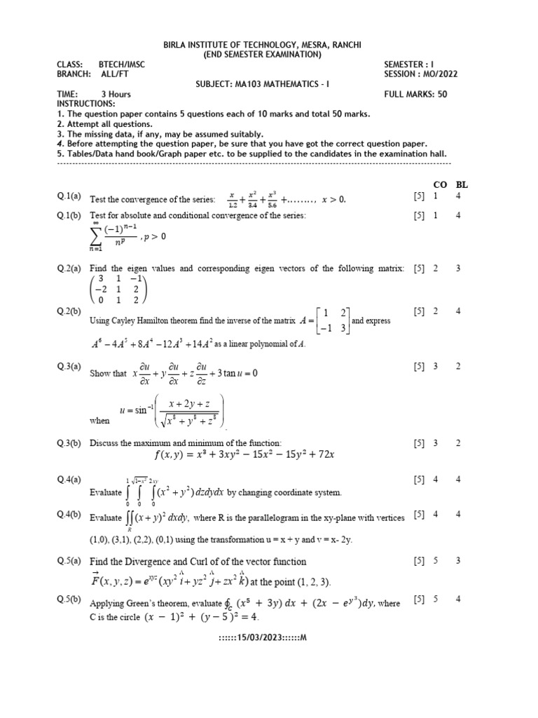 Ma103 Mathematics - I (End - Mo22) | PDF | Matrix (Mathematics ...