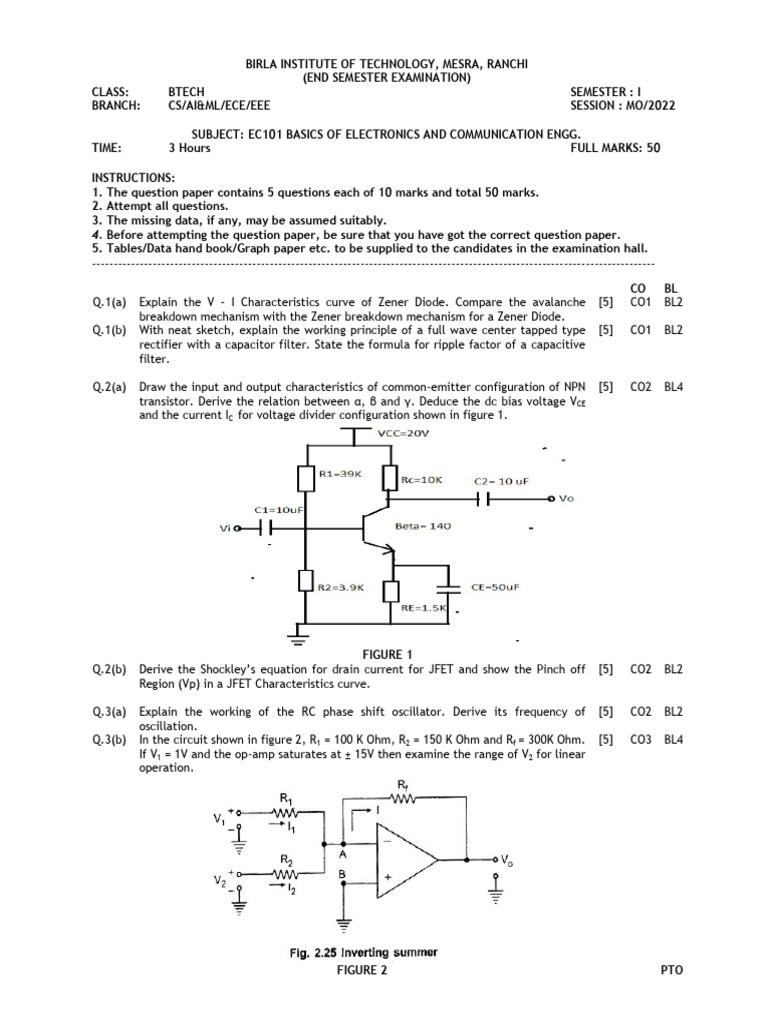 BTech EC101 Exam Paper - Basics of Electronics | PDF | Electrical ...