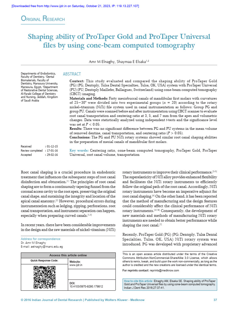 Shaping Ability of ProTaper Gold and ProTaper Univ | PDF | Dentistry Branches