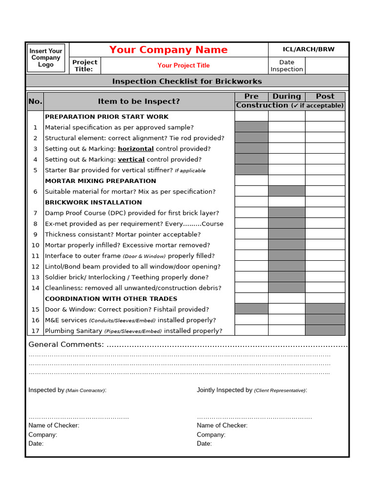 01 Checklist ARCH Brick Work (General) | PDF | Pipe (Fluid Conveyance ...