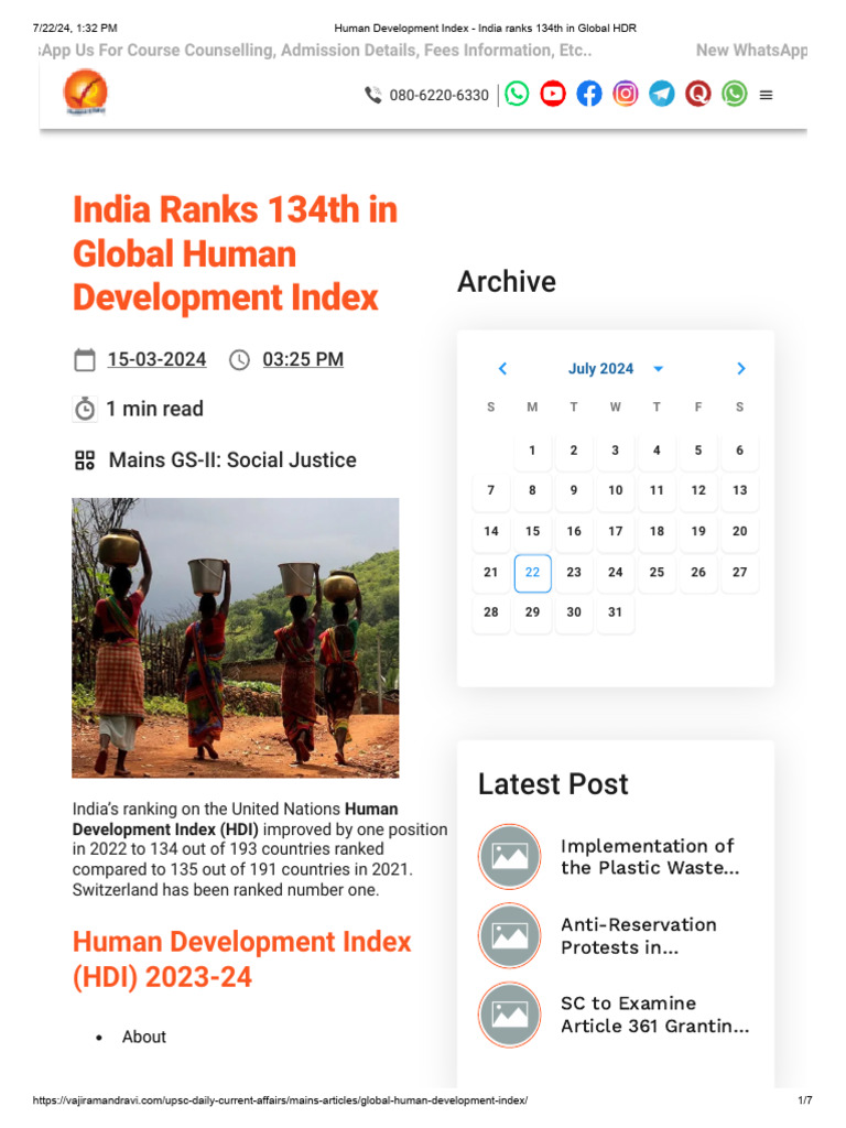 Human Development Index - India Ranks 134th in Global HDR | PDF | Human ...