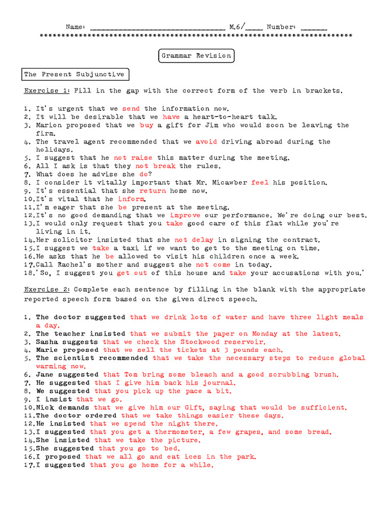 Key To The Present Subjunctive Exercise | PDF