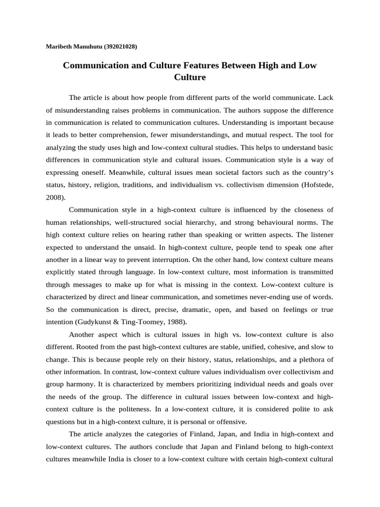 High vs. Low-Context Cultures Analysis | PDF | Communication | Psychology