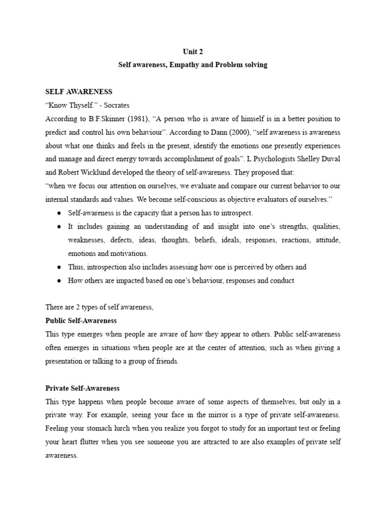 Unit 2 Self Awareness, Empathy and Problem Solving | PDF | Empathy ...