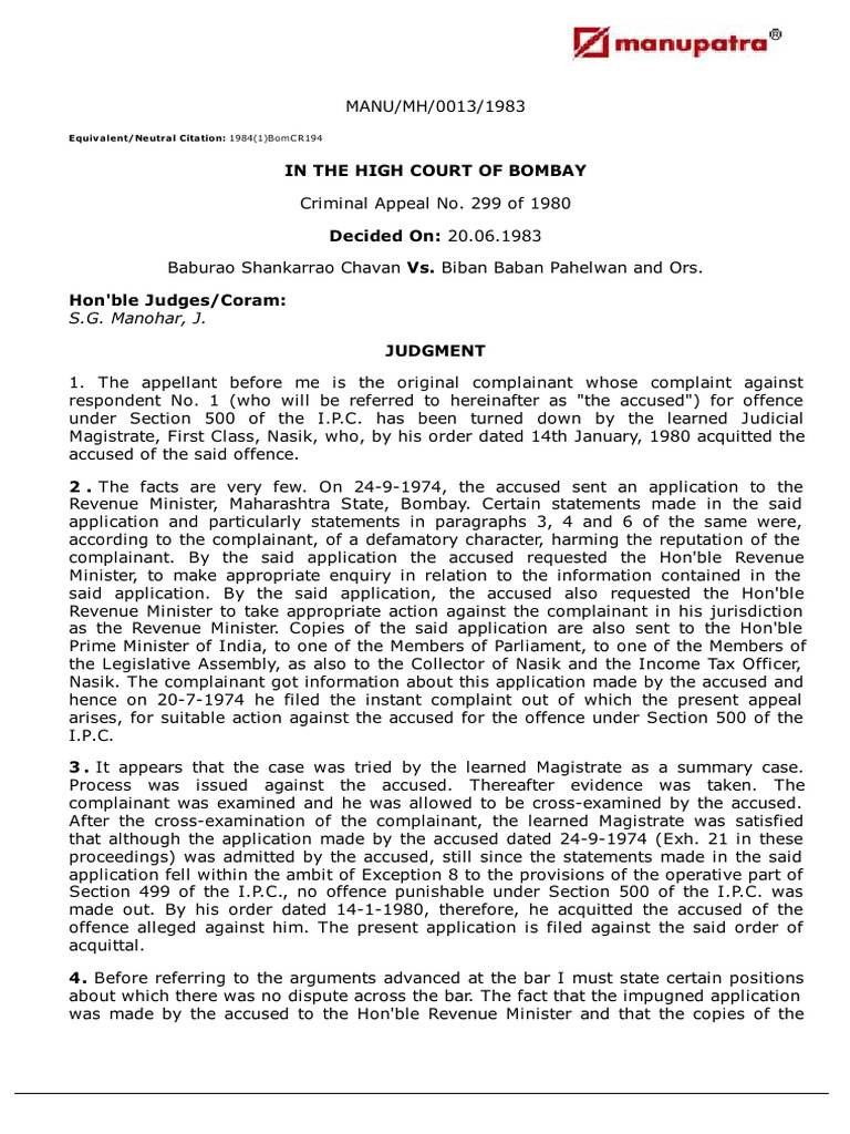 Baburao Shankarrao Chavan Vs Biban Baban Pahelwan m830013COM25492 | PDF ...