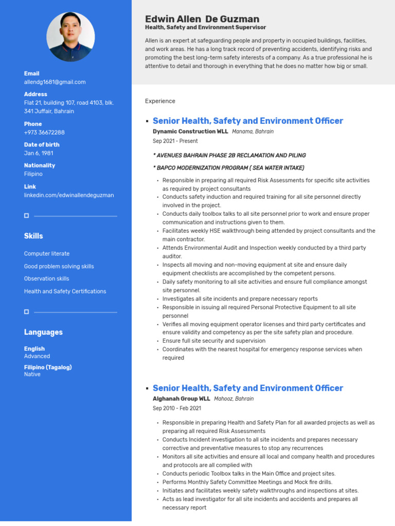 2022 Edwin Allen de Guzman CV | PDF | Occupational Safety And Health ...
