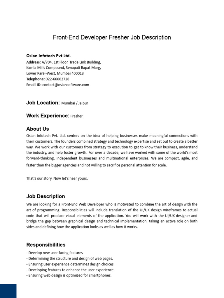 Frontend Developer Fresher Pdf Java Script Information Technology