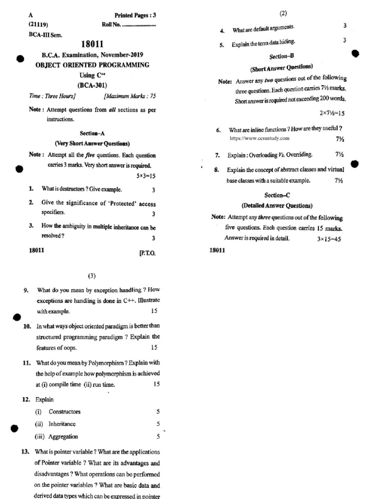 Bca 3 Sem Object Oriented Programming Using Cpp 18011 Nov 2019 Pdf