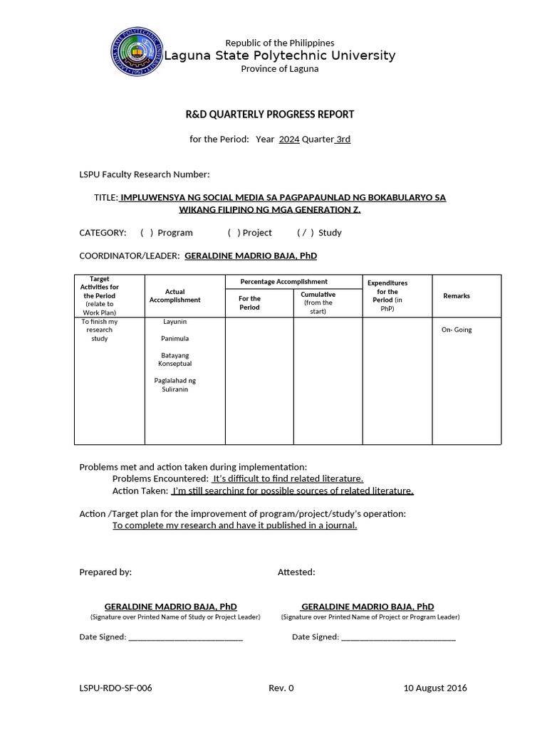 06 RD Quarterly Progress Report | PDF | Philippines