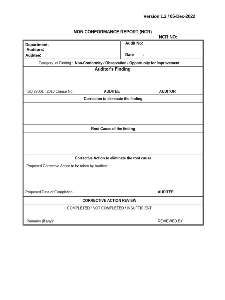 Non Conformance Report (NCR) | PDF | Business