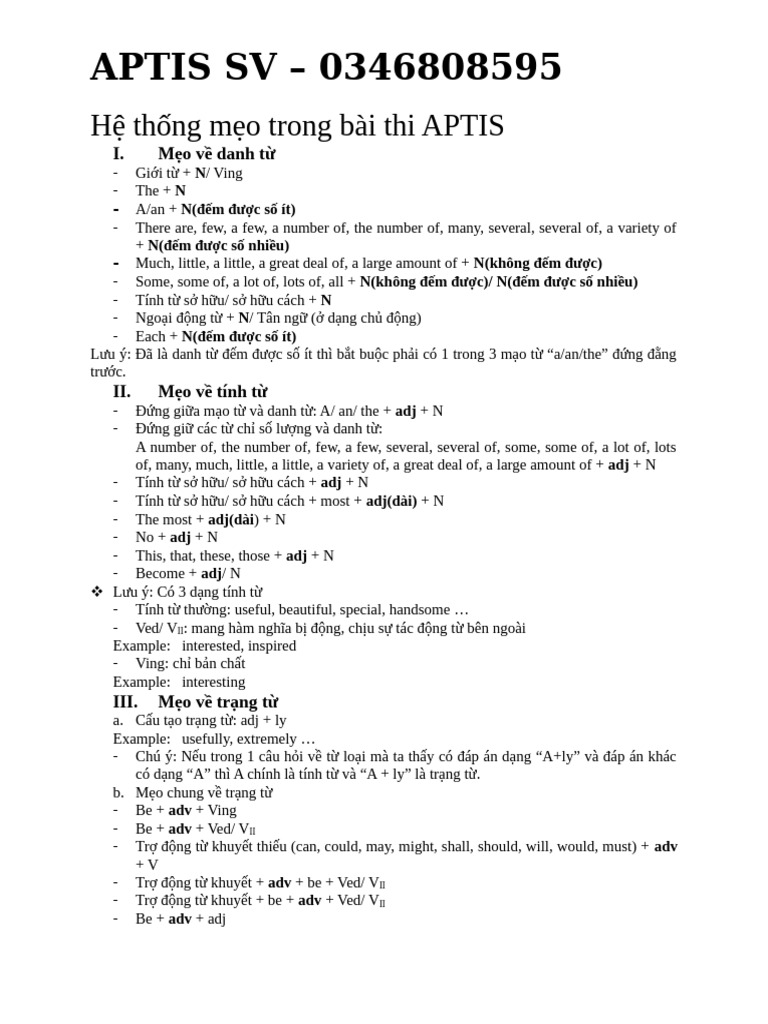 Hệ Thống Ngữ Pháp Aptis | PDF