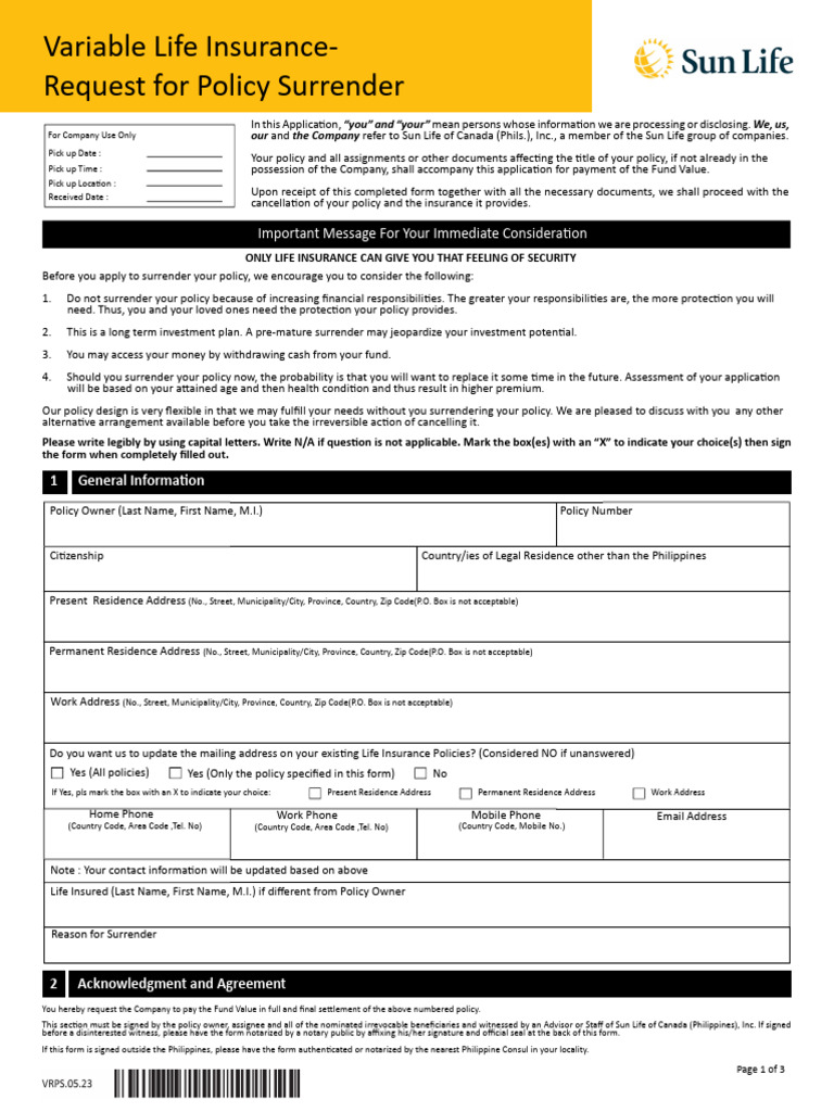Sun Life Policy Surrender Request Form | PDF | Life Insurance | Banks