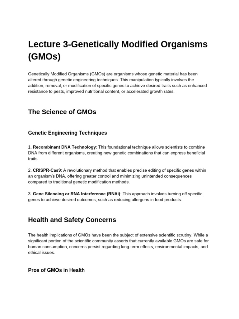 Lecture 3 Genetically Modified Organisms GMOs | PDF | Genetically ...