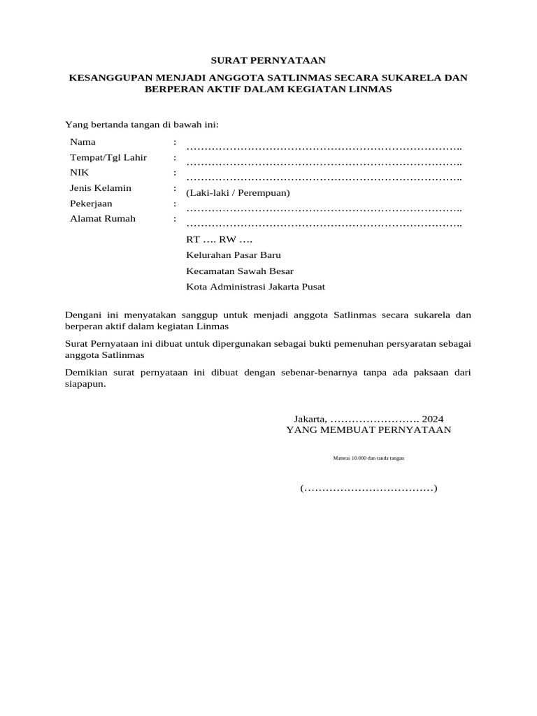 Surat Pernyataan Menjadi Anggota Satlinmas | PDF