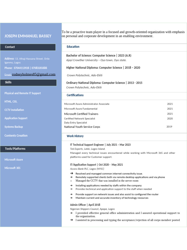 Emmanuel Joseph Curriculum Vitae | PDF | Internet | Microsoft