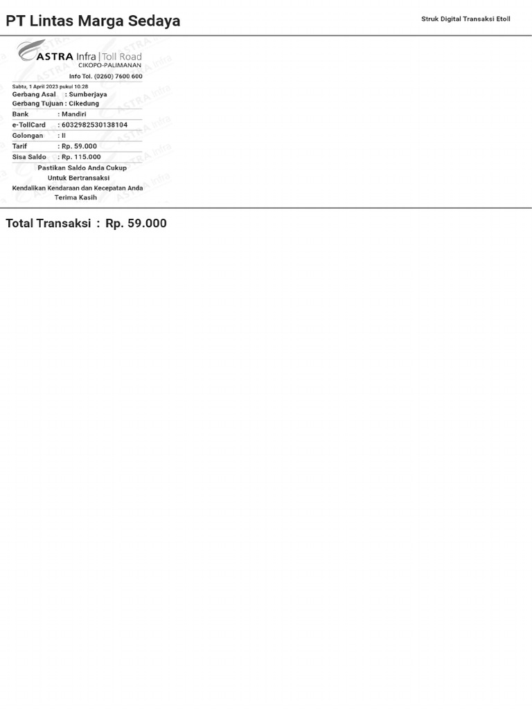 Struk Transaksi ASTRA Infra Toll Road - 2028108 | PDF