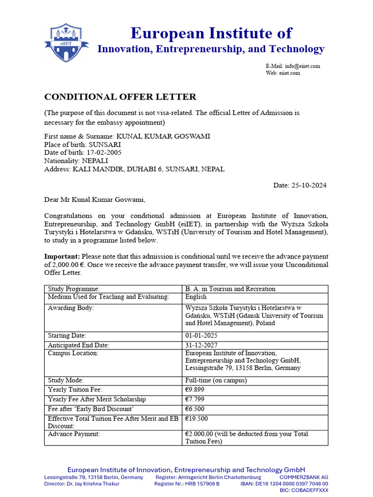 Conditional Offer Letter - MR Kunal Kumar Goswami | PDF | Payments ...