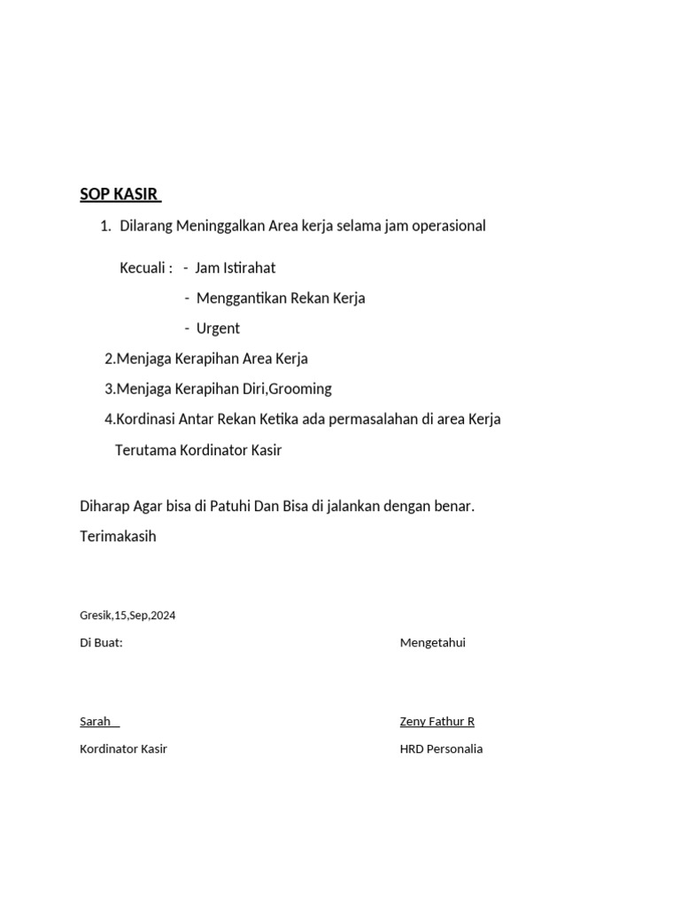 Sop Kasir | PDF