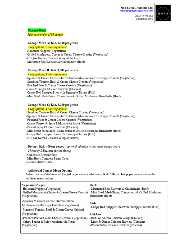 Canapè Menu Options and Pricing | PDF | Steak | European Cuisine