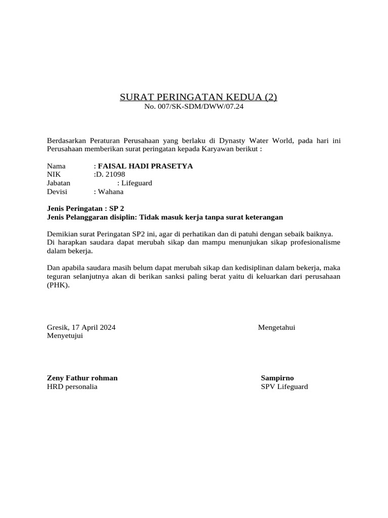 Surat Peringatan (sp2) FAISAL HADI PRASETYO | PDF