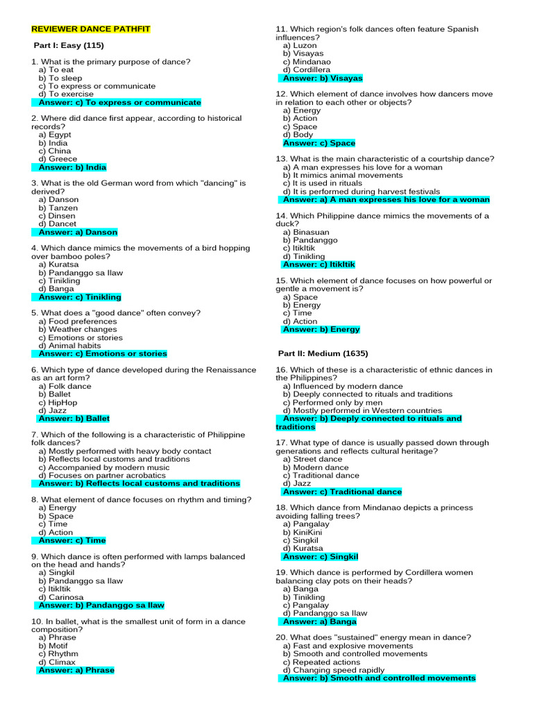 Reviewer Dance Pathfit (Exam Type) | PDF | Dances | Choreography